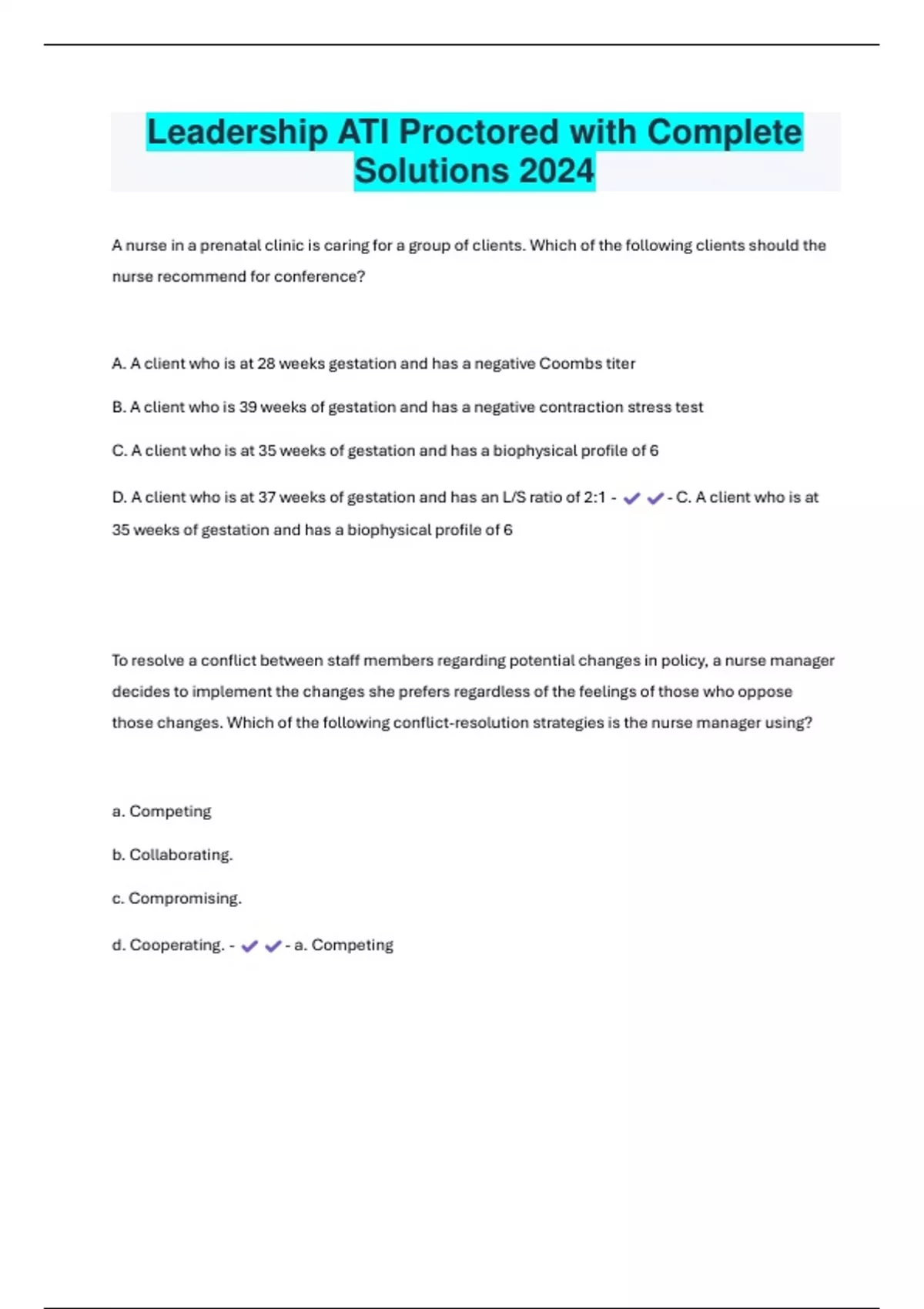 Leadership ATI Proctored with Complete Solutions 2024 - Leadership ATI ...