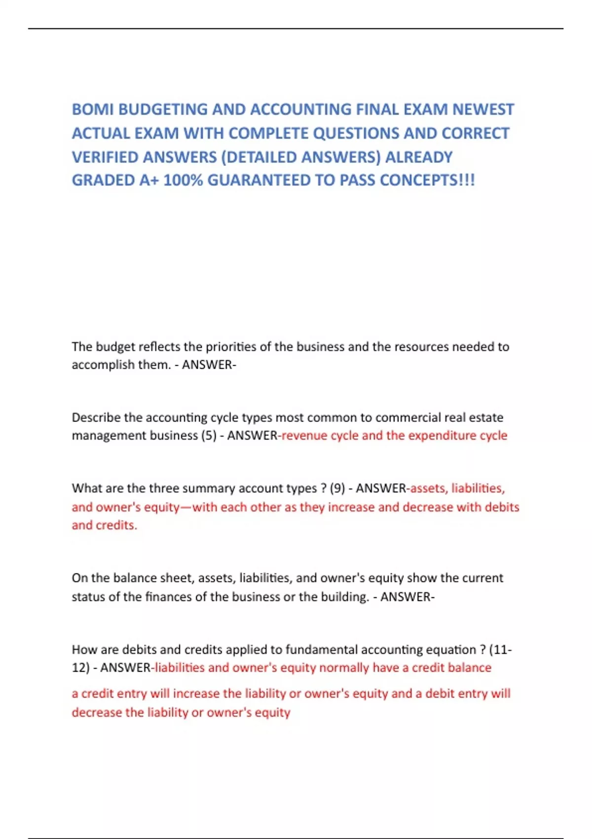 BOMI BUDGETING AND ACCOUNTING FINAL EXAM NEWEST ACTUAL EXAM WITH COMPLETE QUESTIONS AND CORRECT ...