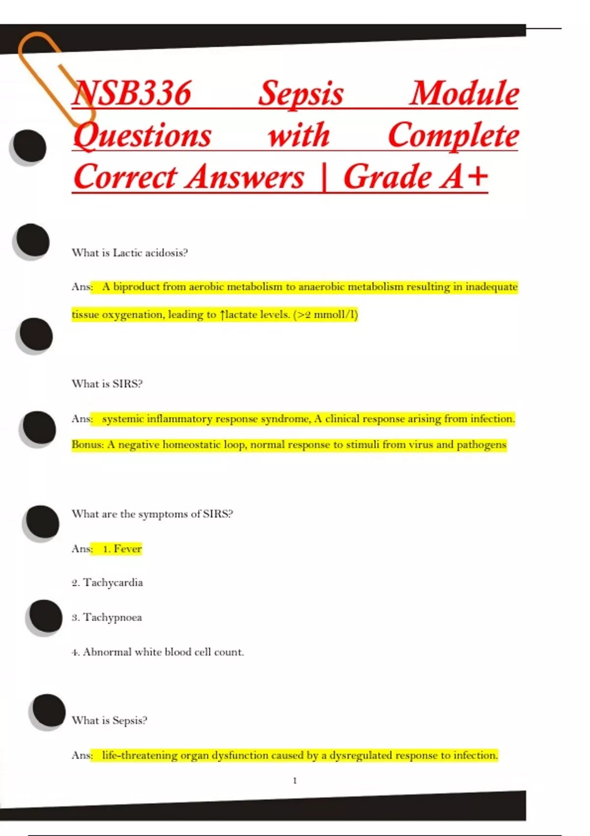 NSB336 Sepsis Module Questions with Complete Correct Answers | Grade A+ ...