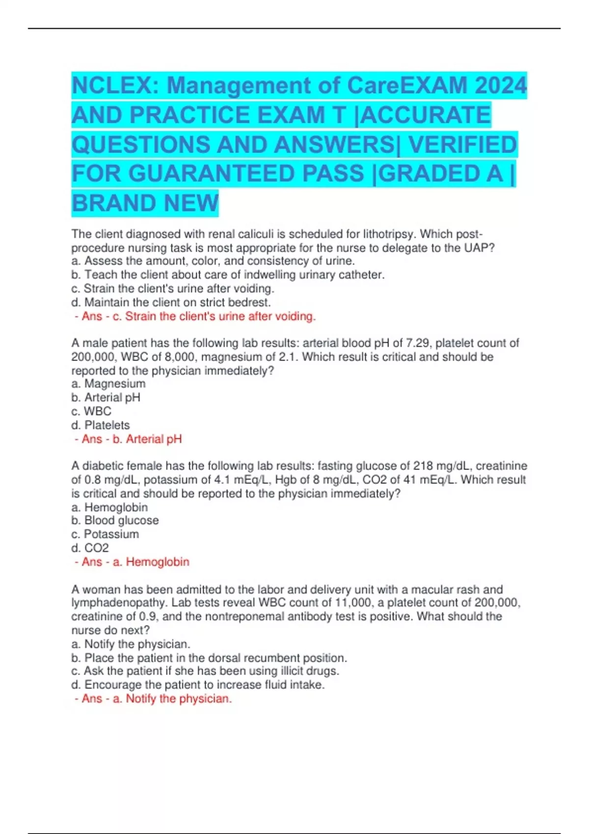 NCLEX: Management of CareEXAM 2024 AND PRACTICE EXAM T |ACCURATE ...