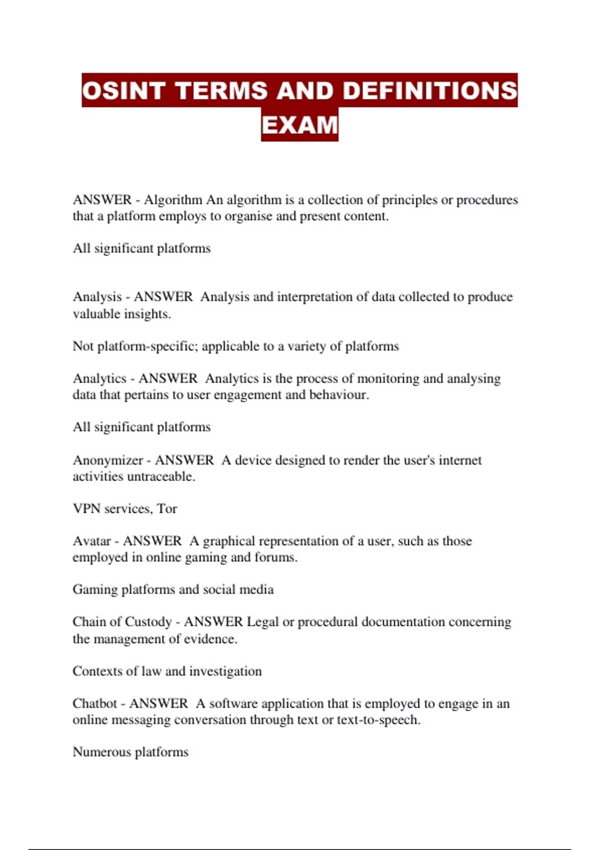 OSINT TERMS AND DEFINITIONS EXAM - OSINT TERMS AND DEFINITIONS - Stuvia US