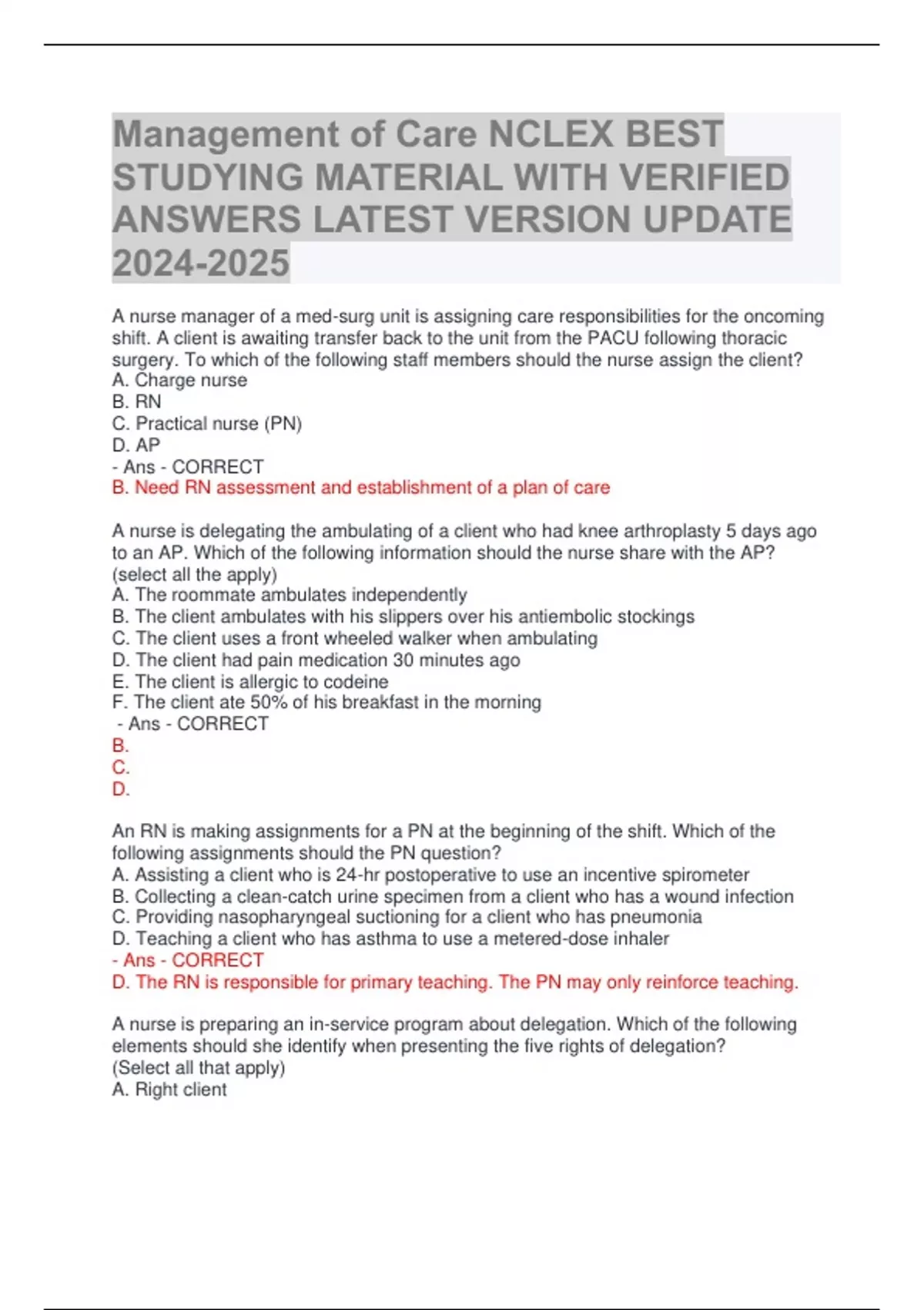 Management of Care NCLEX BEST STUDYING MATERIAL WITH VERIFIED ANSWERS ...