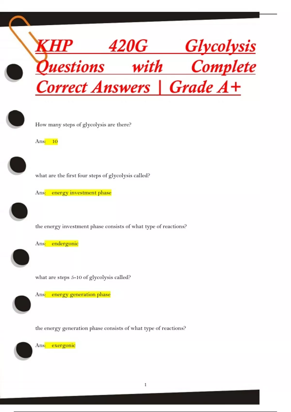 KHP 420G Glycolysis Questions with Complete Correct Answers | Grade A+ ...