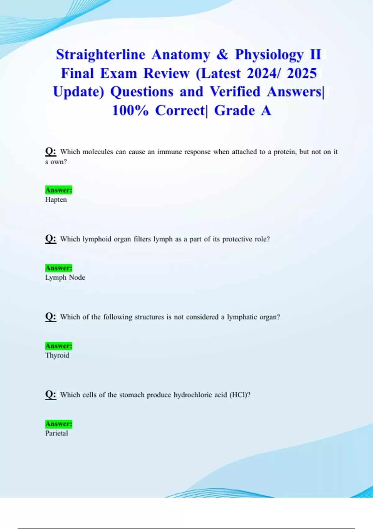 Straighterline Anatomy & Physiology II Final Exam Review (Latest 2024/ ...