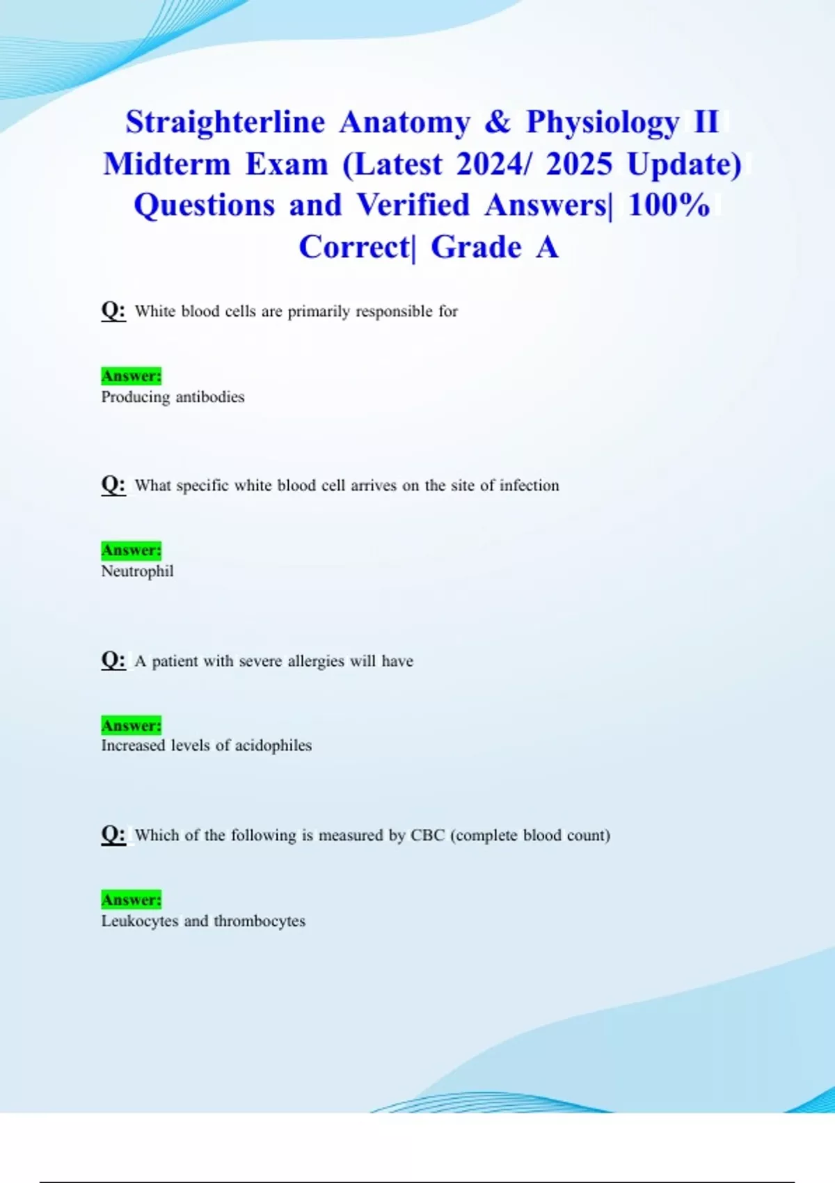 Straighterline Anatomy & Physiology II Midterm Exam (Latest 2024/ 2025 ...