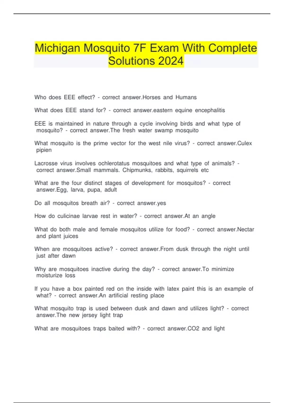 Michigan Mosquito 7F Exam With Complete Solutions 2024 - Michigan ...