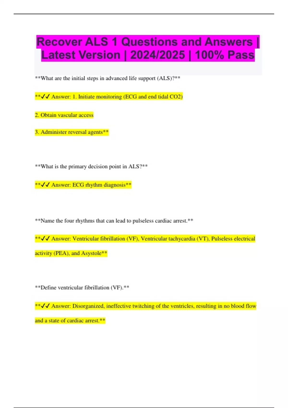 Recover ALS 1 Questions and Answers | Latest Version | 2024/2025 | 100% ...