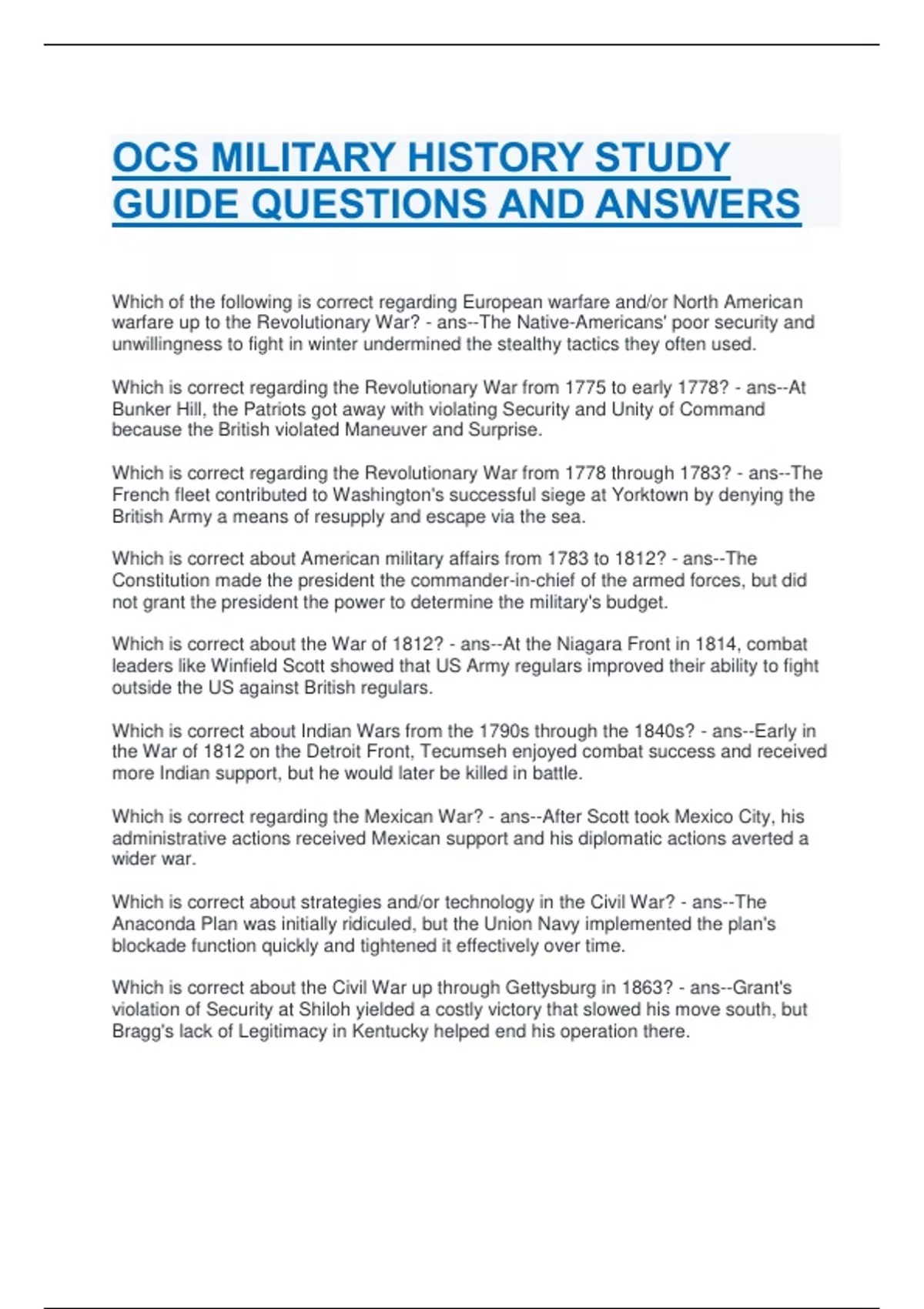 OCS MILITARY HISTORY EXAM 2024 QUESTIONS AND ANSWERS - Army OCS ...