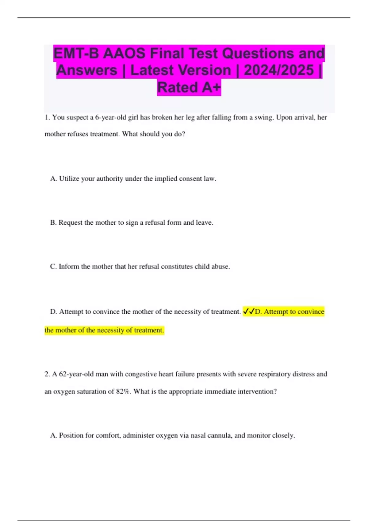 EMT-B AAOS Final Test Questions and Answers | Latest Version | 2024/ ...