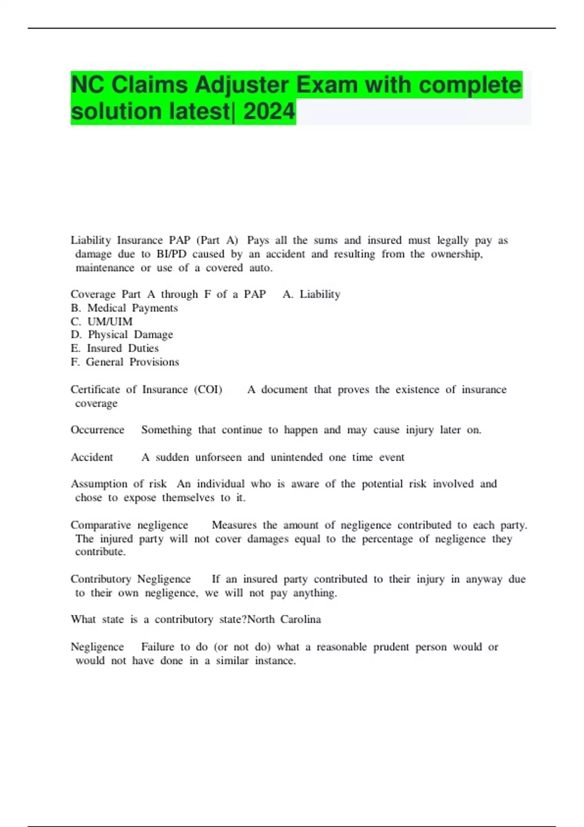 NC Claims Adjuster Exam with complete solution latest| 2024 - NC ...