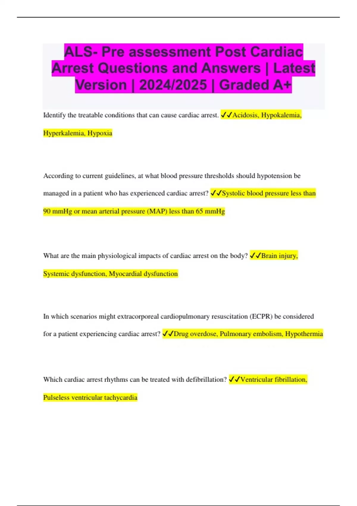 ALS Pre Assessment Post Cardiac Arrest Questions And Answers Latest ALS Pre Assessment Post Cardiac Arrest Questions And Answers Latest