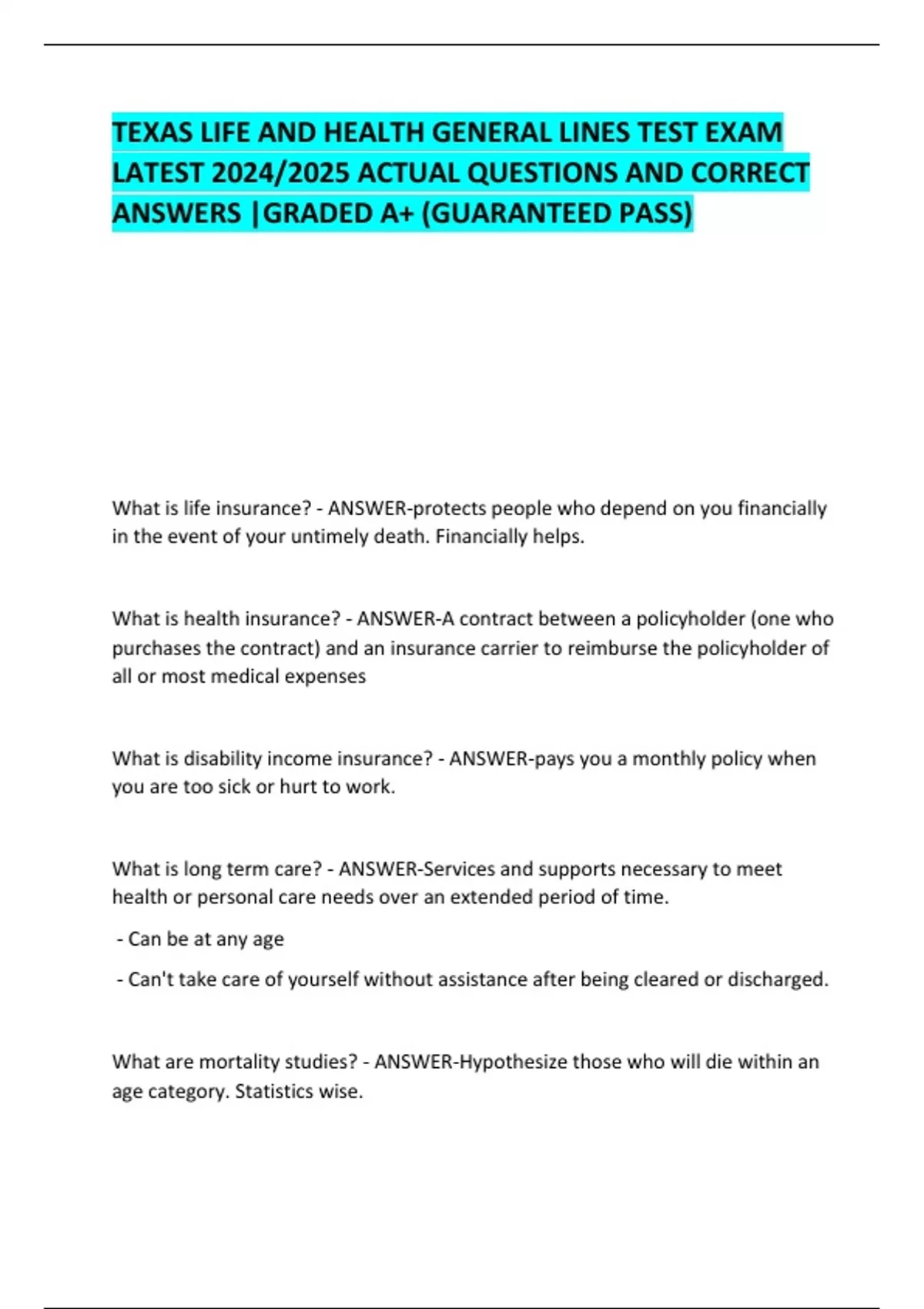 TEXAS LIFE AND HEALTH GENERAL LINES TEST EXAM LATEST 2024 - AMERICAN ...