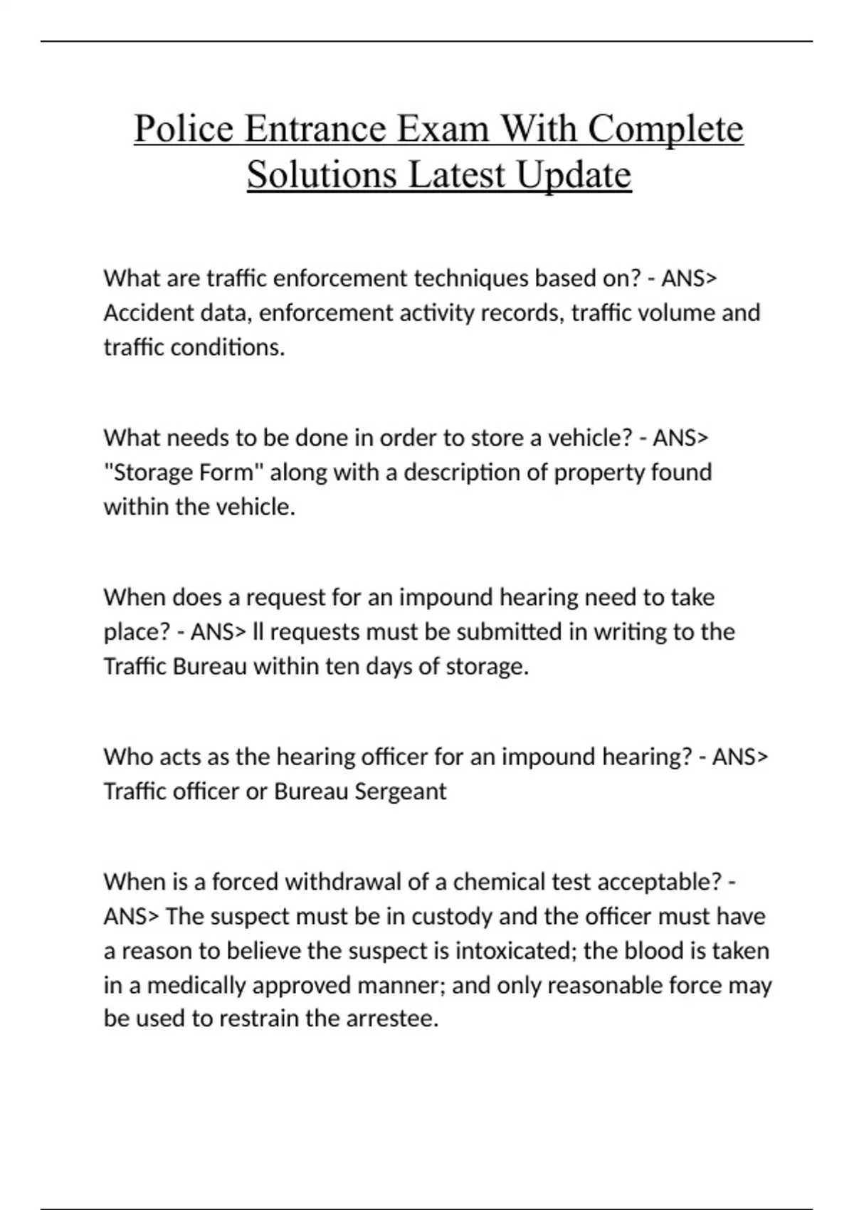 Police Entrance Exam With Complete Solutions Latest Update - Postal ...