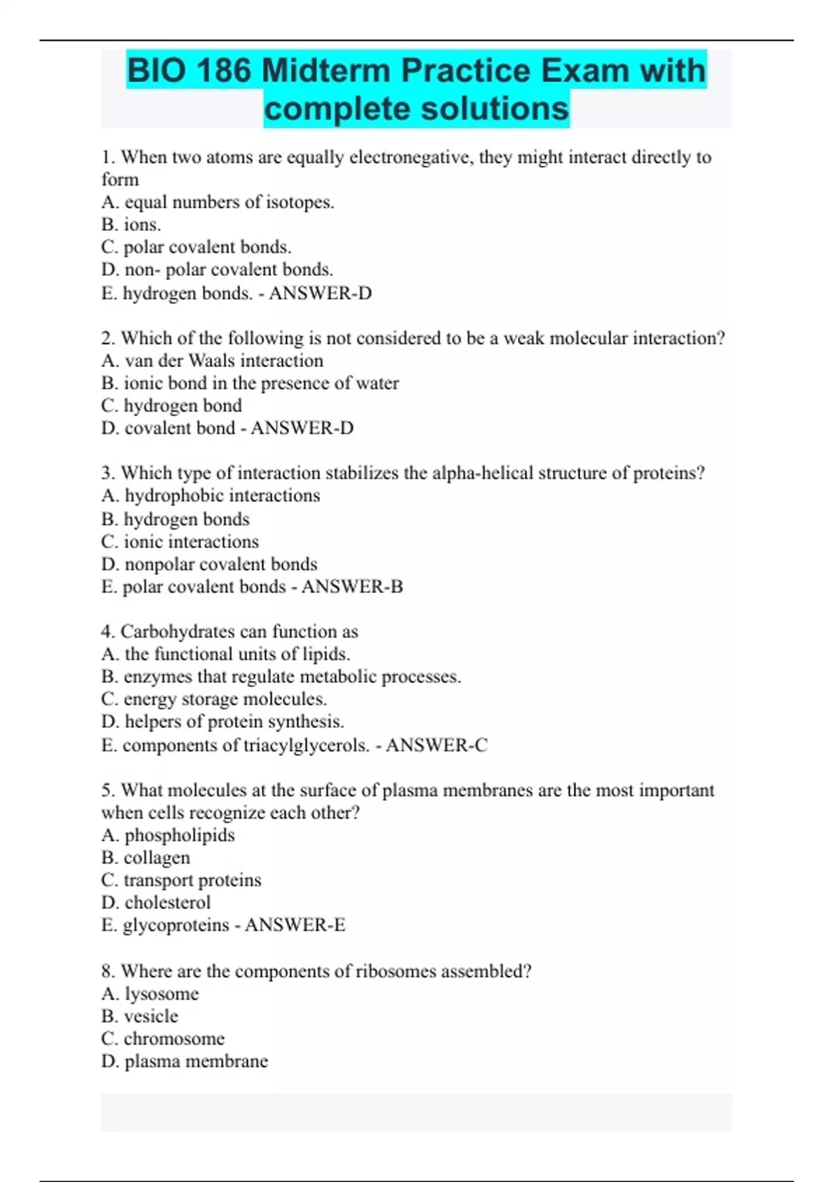 BIO 186 Midterm Practice Exam with complete solutions - Biology 186 ...