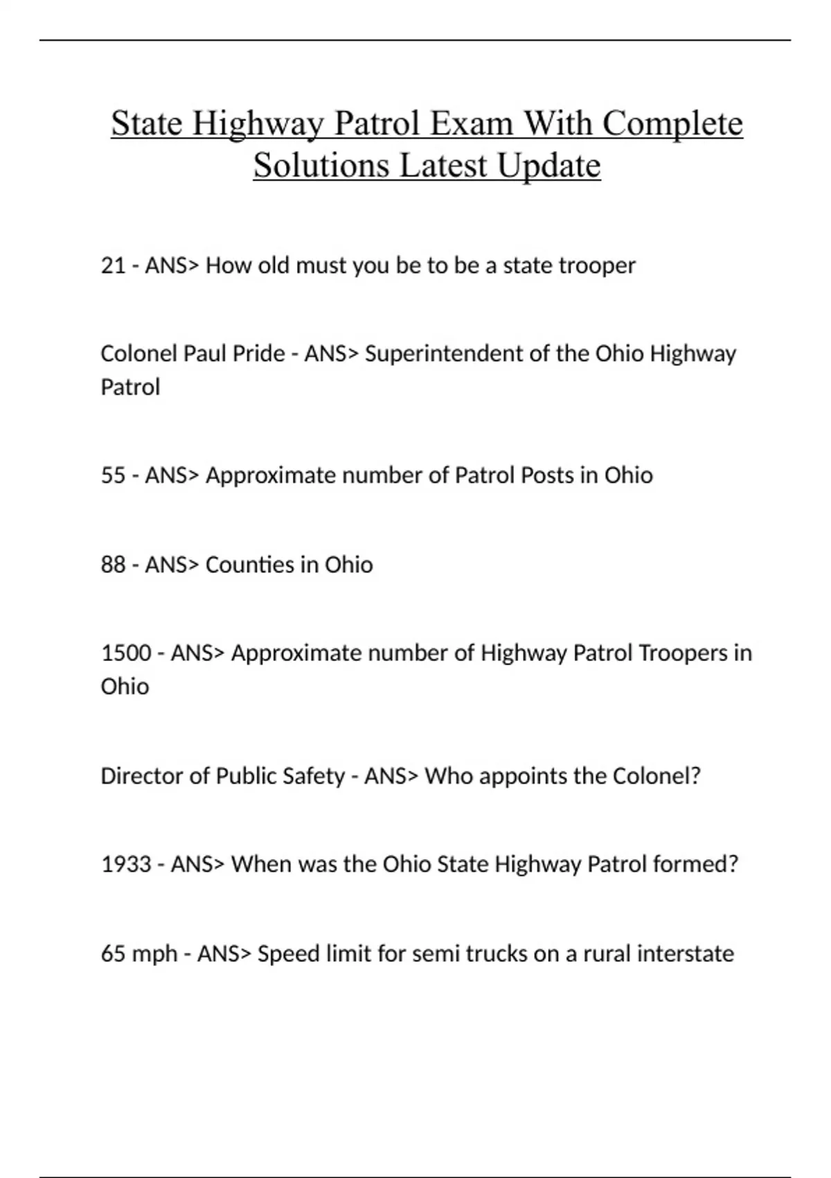 State Highway Patrol Exam With Complete Solutions Latest Update - State ...
