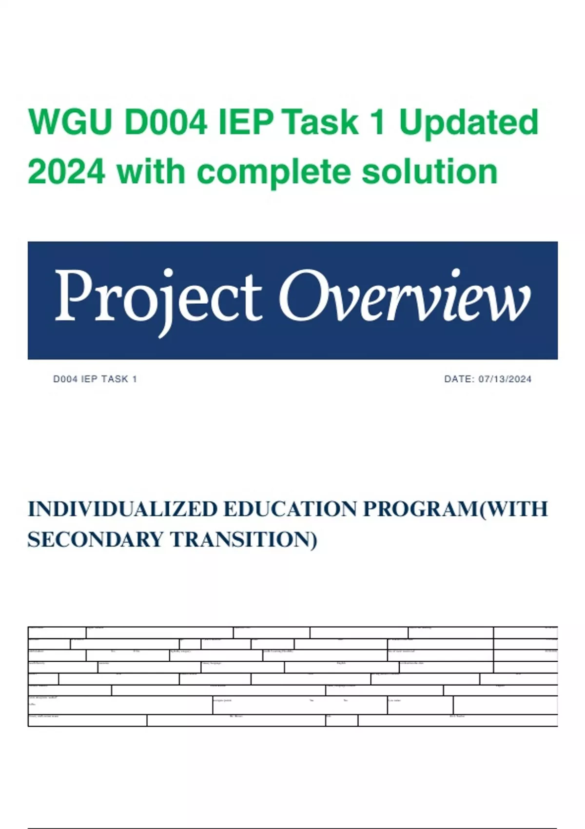 WGU D004 IEP Task 1 Updated 2024 with complete solution - D004 - Stuvia US