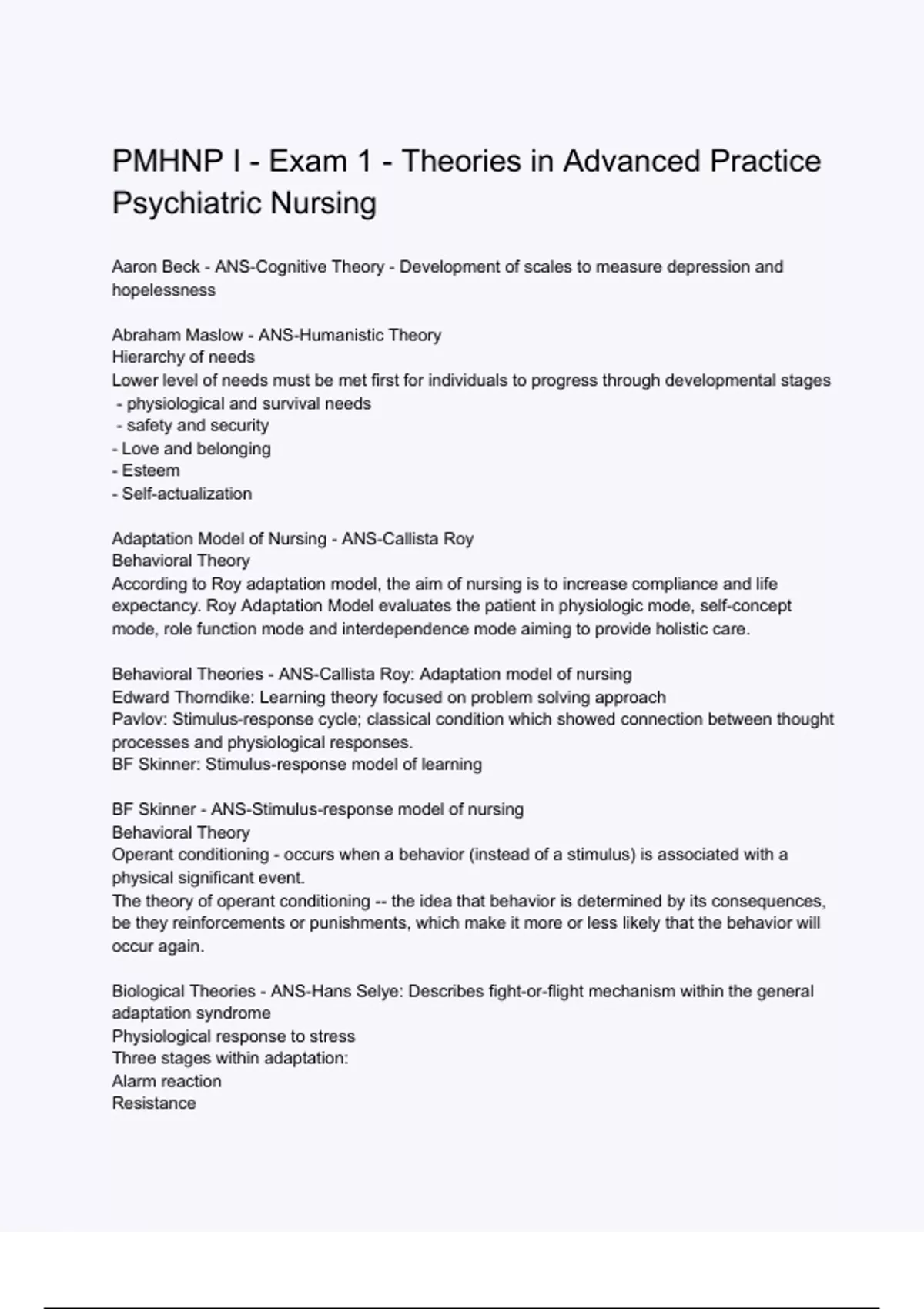PMHNP I - Exam 1 - Theories in Advanced Practice Psychiatric Nursing ...