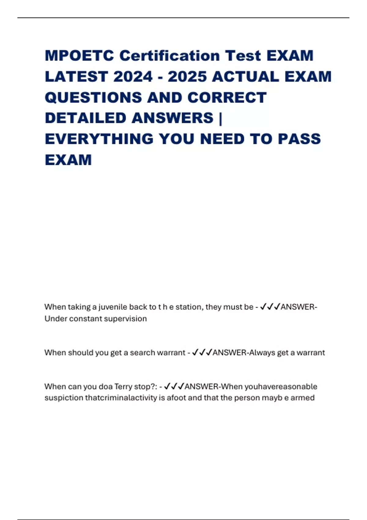 MPOETC Certification Test EXAM LATEST ACTUAL EXAM QUESTIONS AND CORRECT ...