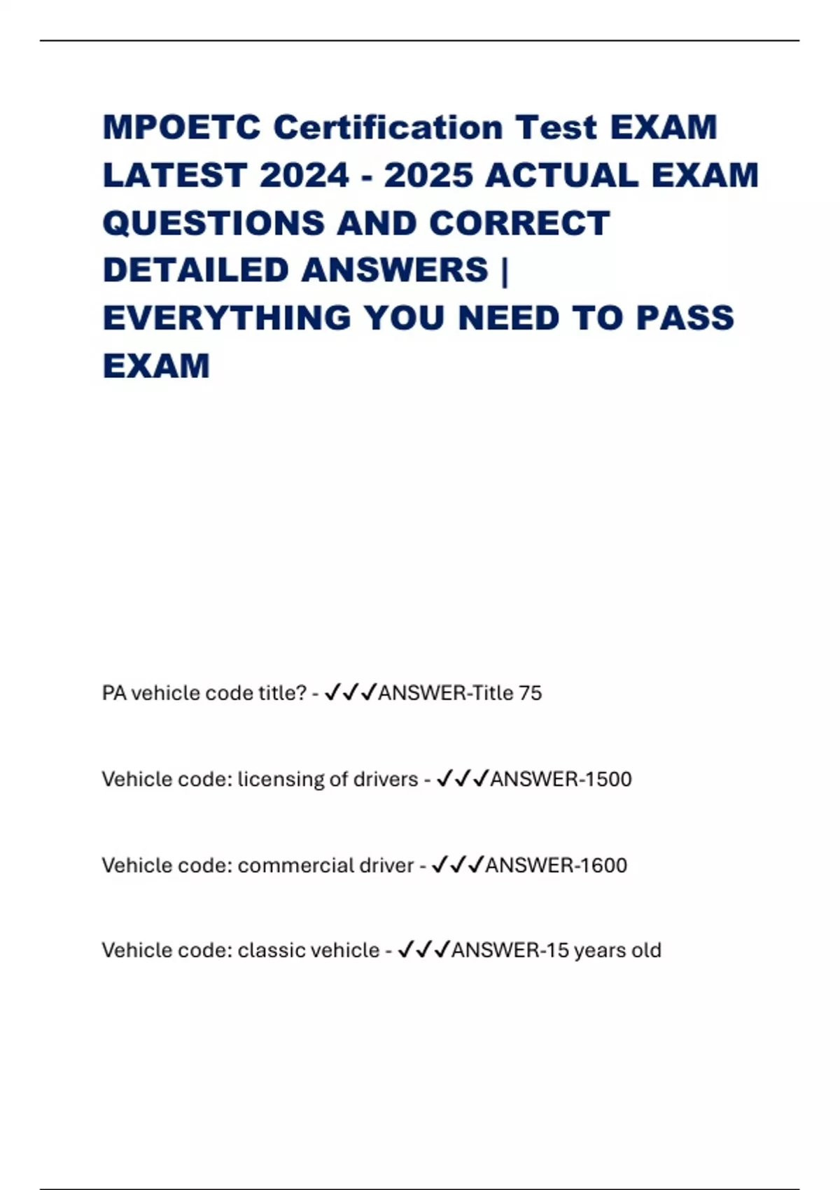 MPOETC Certification Test EXAM LATEST ACTUAL EXAM QUESTIONS AND CORRECT ...