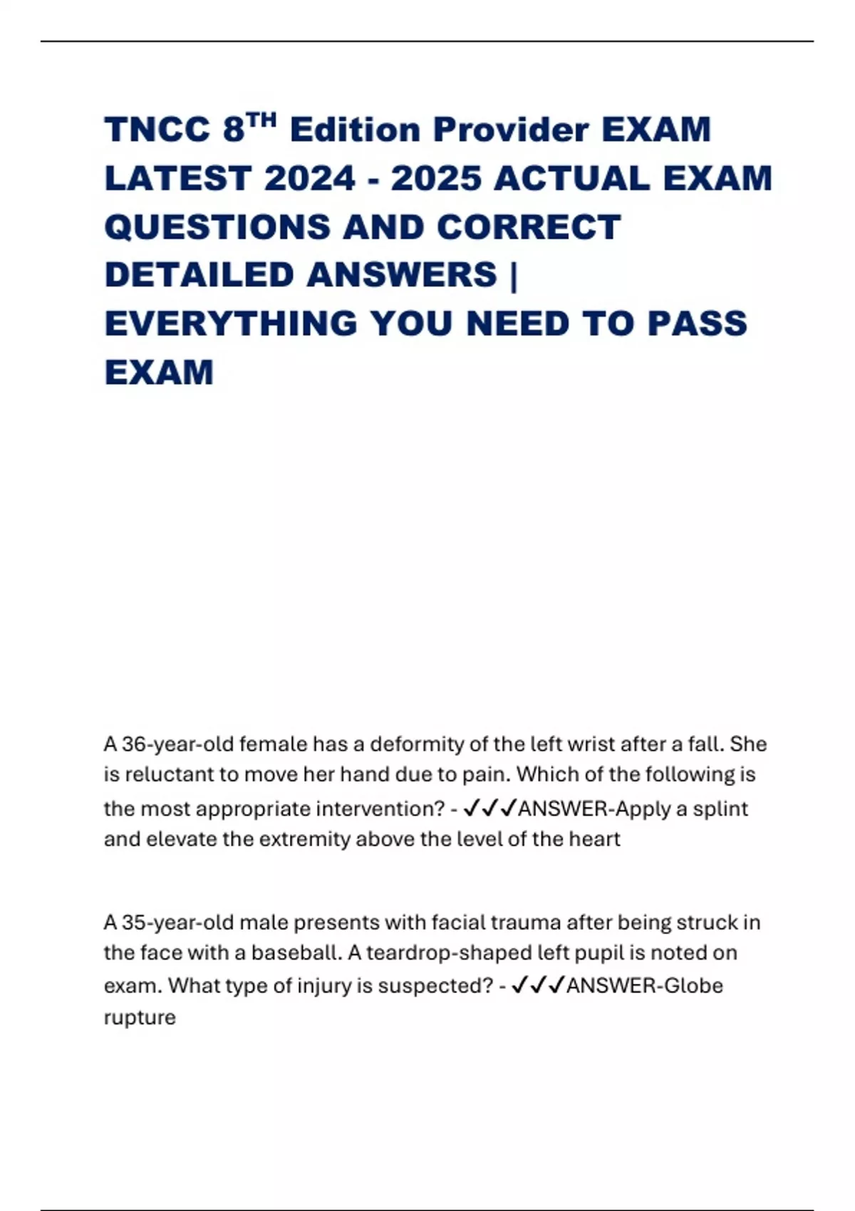 TNCC 8TH Edition Provider EXAM LATEST ACTUAL EXAM QUESTIONS AND CORRECT ...