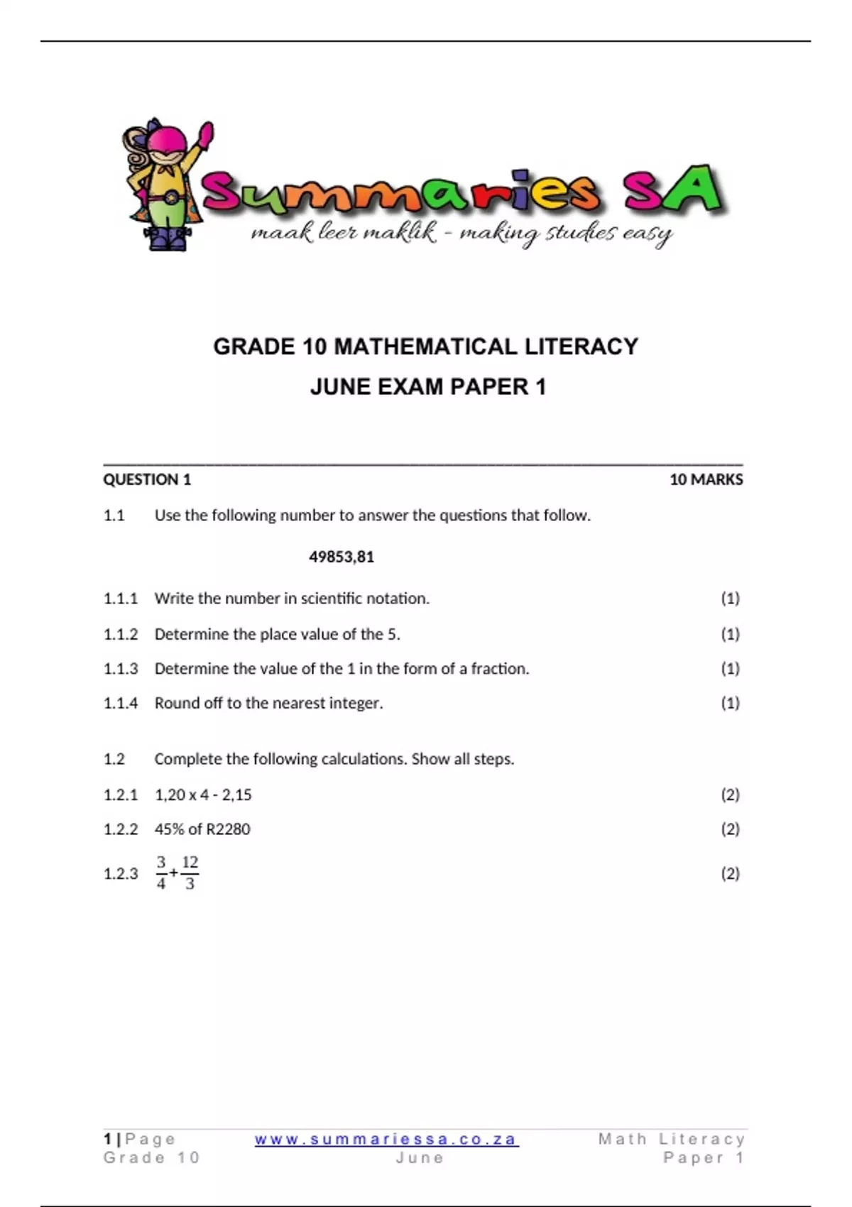 Grade 10 Mathematical Literacy (MATH LIT) June Paper 1 and Memo - 2024 (2) - Mathematics - Stuvia SA