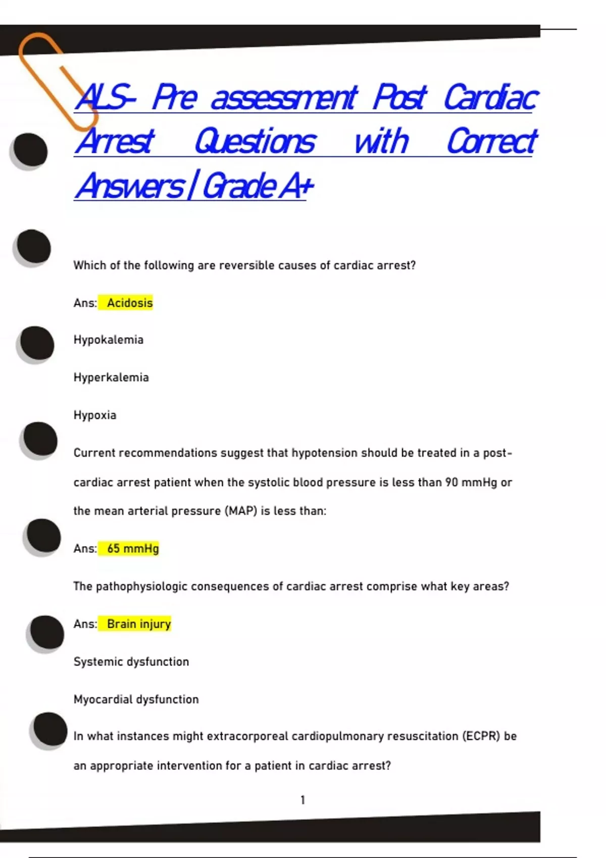 ALS- Pre assessment Post Cardiac Arrest Questions with Correct Answers ...