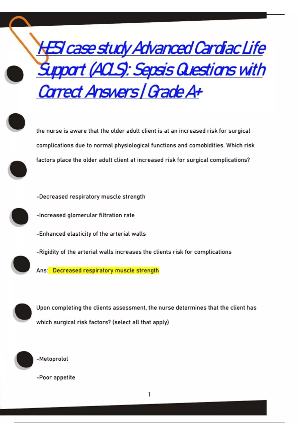 HESI case study Advanced Cardiac Life Support (ACLS): Sepsis Questions ...