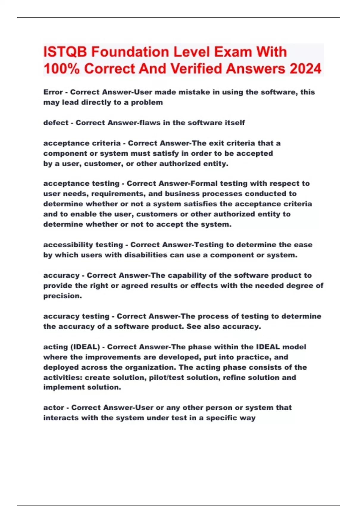 ISTQB Foundation Level Exam With 100% Correct And Verified Answers 2024 ...