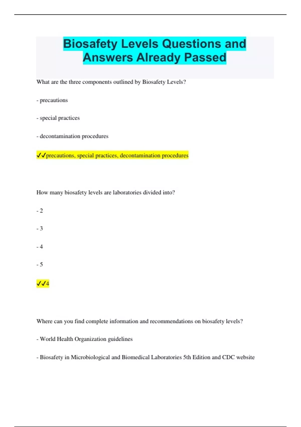 Biosafety Bundled Exams Questions and Answers Latest Versions (2024/ ...
