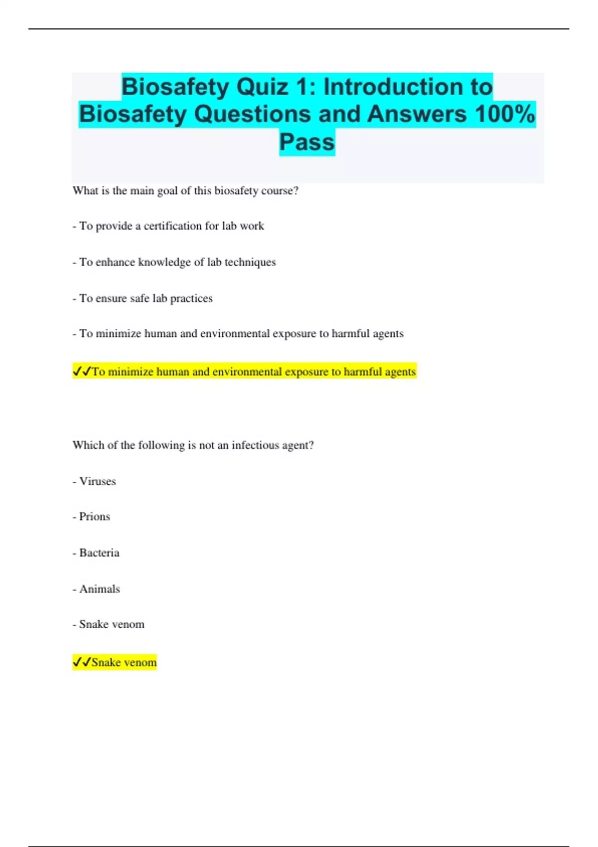 Biosafety Quiz 1: Introduction to Biosafety Questions and Answers 100% ...
