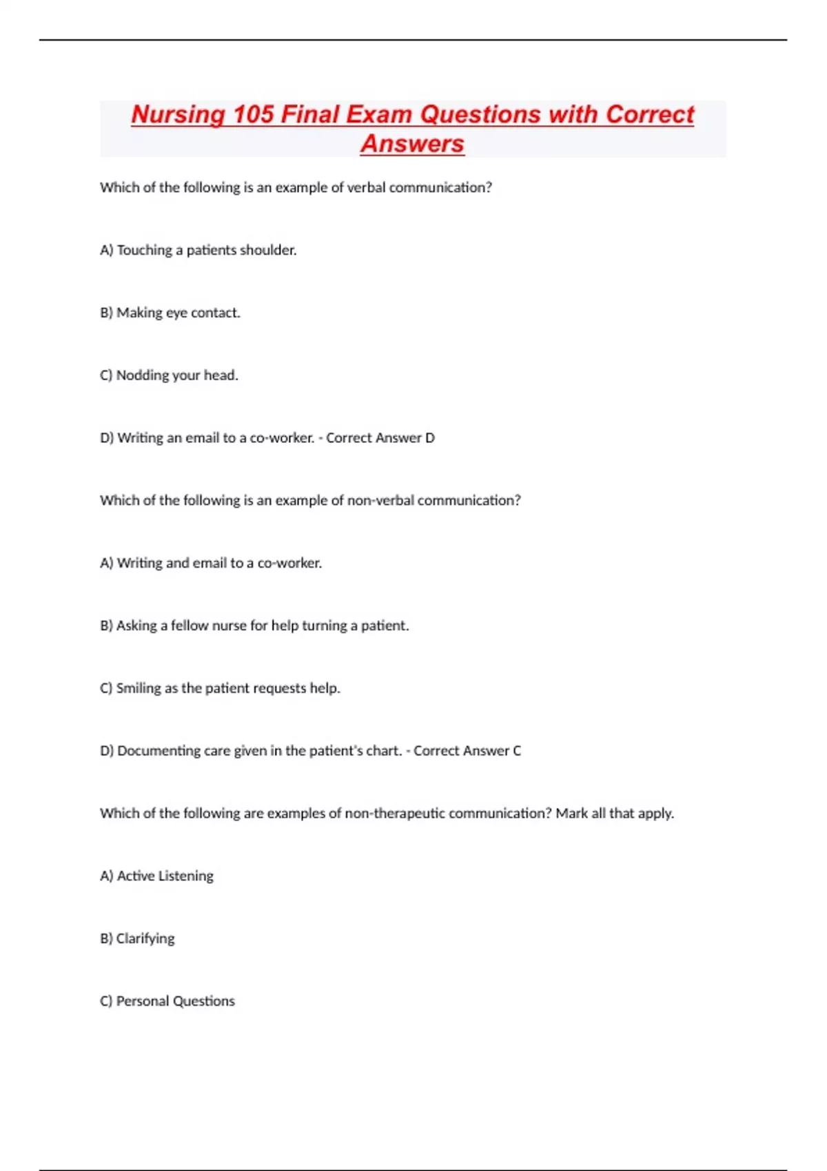 Nursing 105 Final Exam Questions with Correct Answers - Nursing 105 - Stuvia US