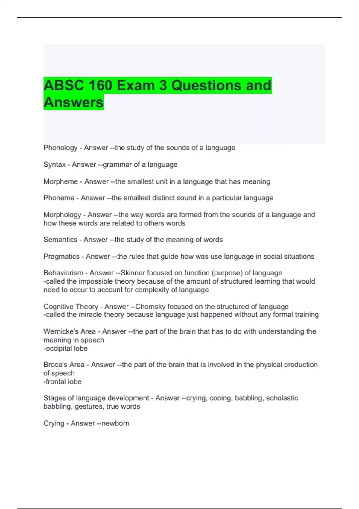 ABSC 160 Exam 3 Questions and Answers - ABSC 160 - Stuvia US