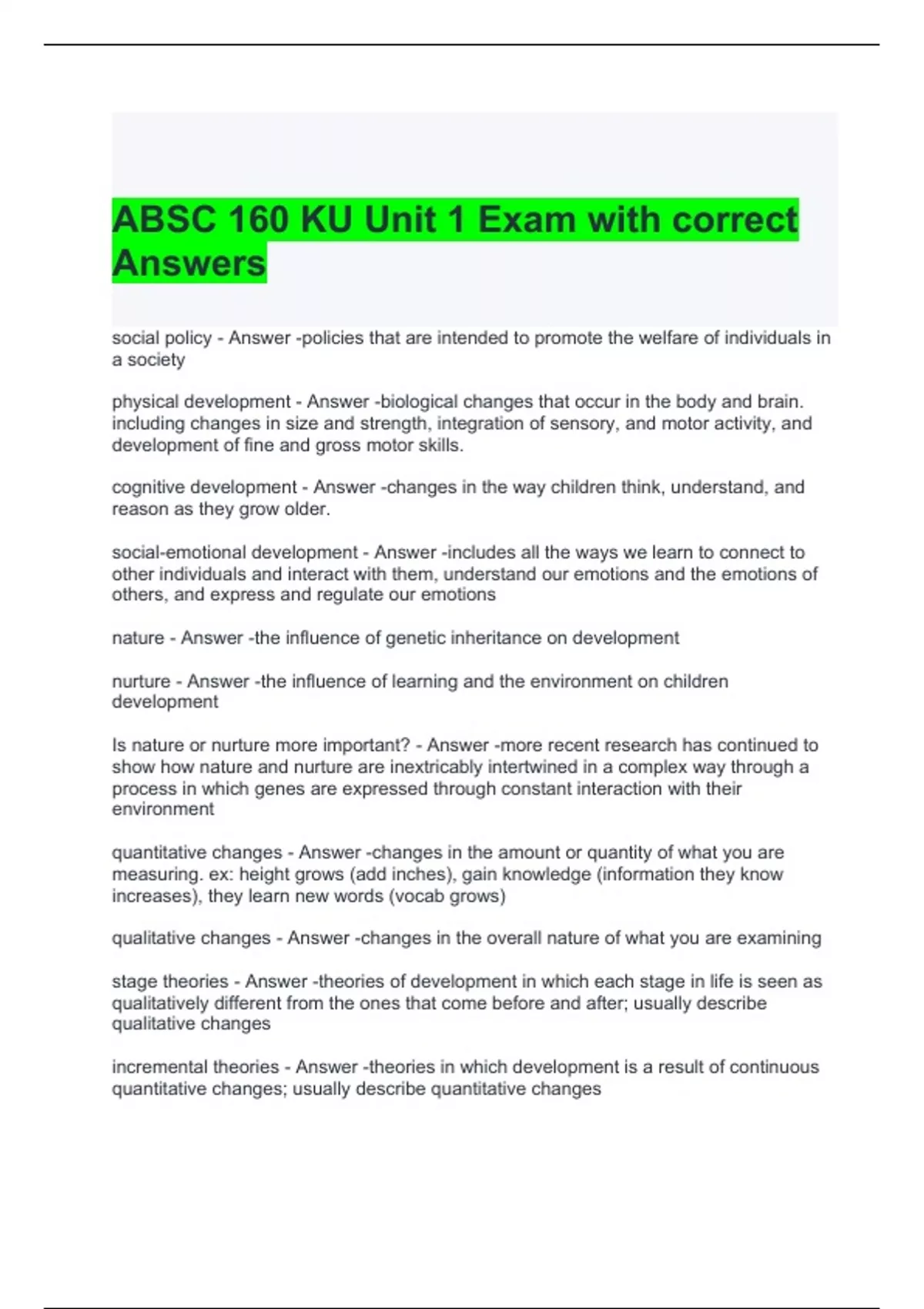 ABSC 160 KU Unit 1 Exam with correct Answers - ABSC 160 - Stuvia US