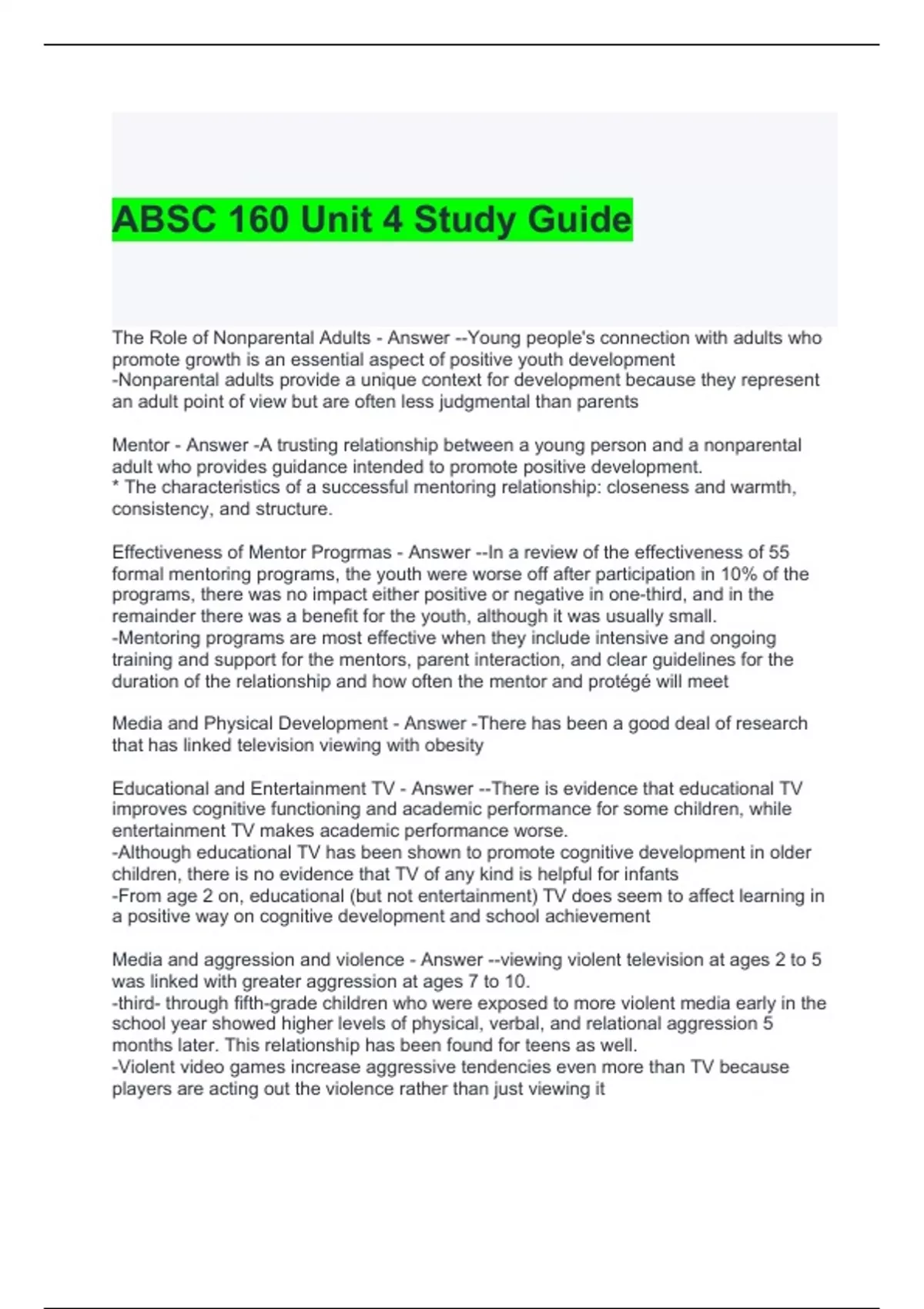 ABSC 160 Unit 4 Study Guide 2024 with complete solutions - ABSC 160 ...