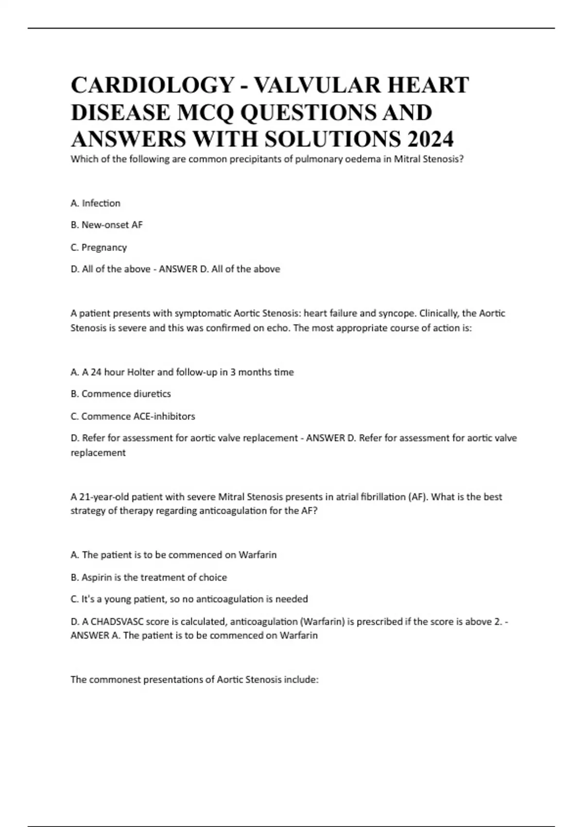 CARDIOLOGY - VALVULAR HEART DISEASE MCQ QUESTIONS AND ANSWERS WITH ...