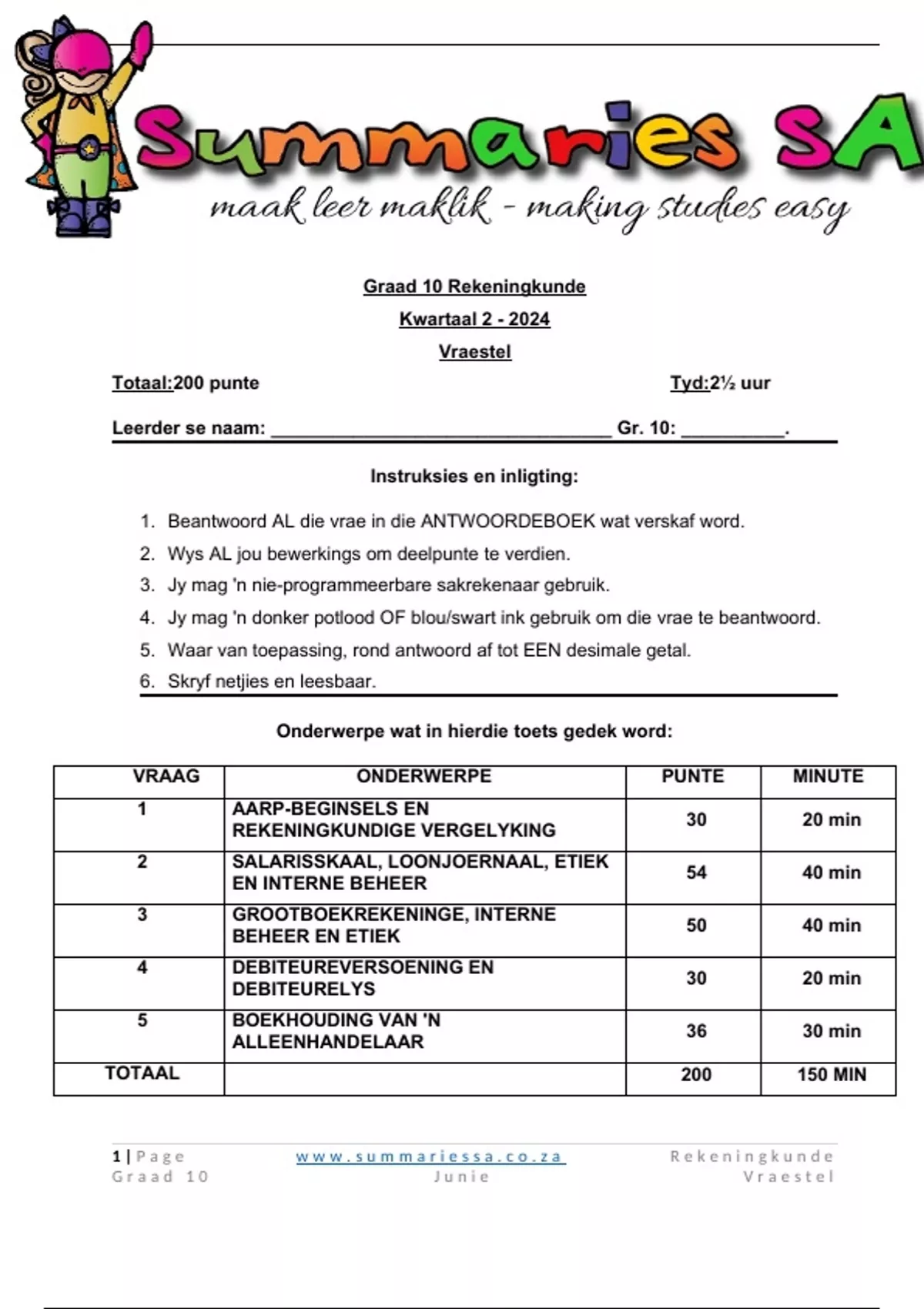 Graad 10 Rekeningkunde (REK) Junie Vraestel en Memo - 2024 - Accounting ...