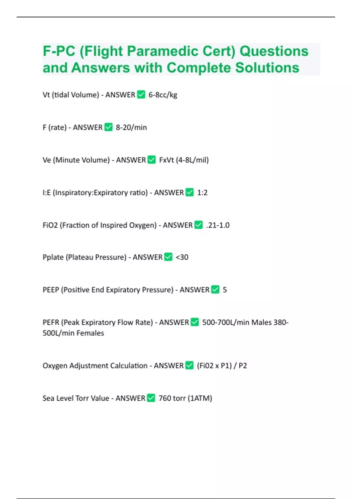 F-PC (Flight Paramedic Cert) Questions and Answers with Complete ...