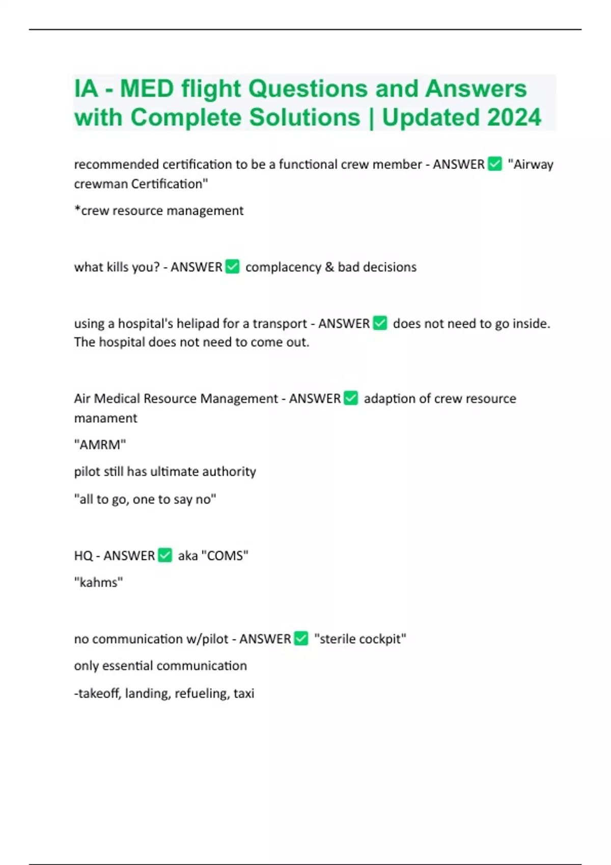 IA - MED flight Questions and Answers with Complete Solutions | Updated ...