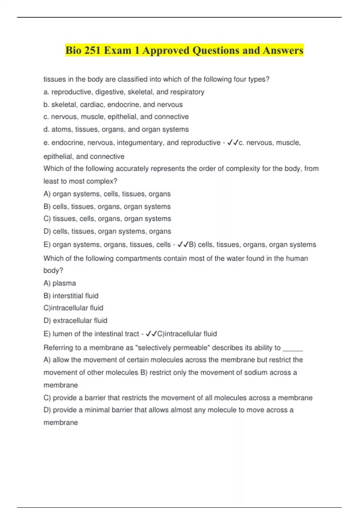Bio 251 Exam 1 Approved Questions and Answers - Bio 251 - Stuvia US