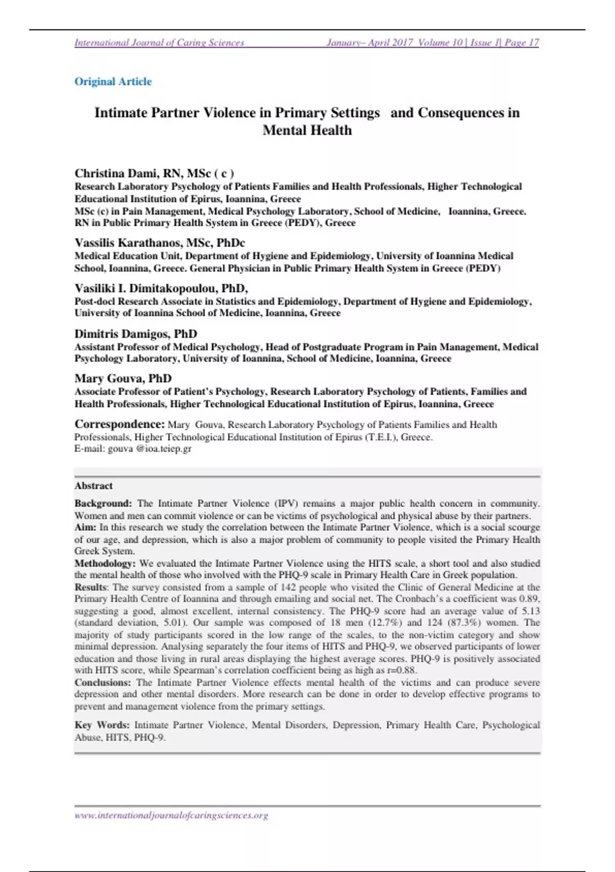Intimate Partner Violence in Primary Settings and Consequences in ...