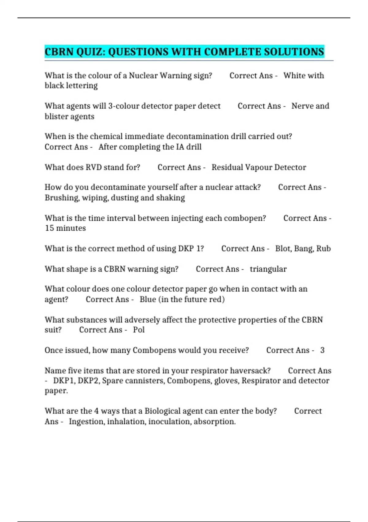 CBRN QUIZ: QUESTIONS WITH COMPLETE SOLUTIONS - CBRN* - Stuvia US