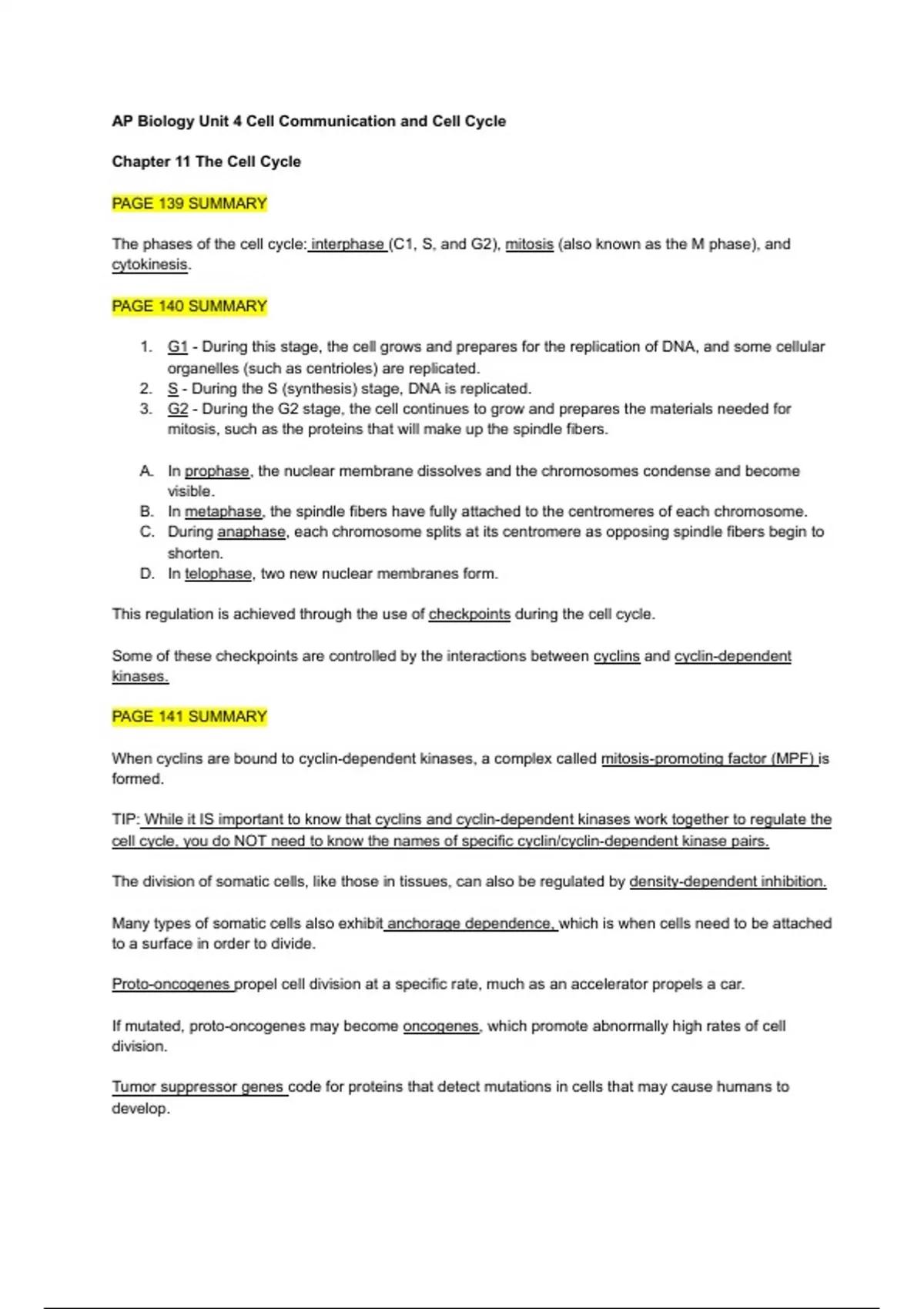 Summary AP Biology Unit 4 Cell Communication and Cell Cycle Chapter 11 ...