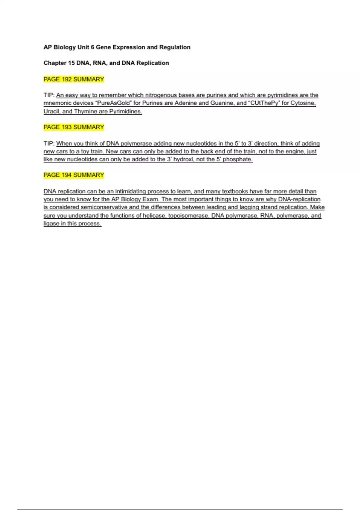 Summary AP Biology Unit 6 Gene Expression and Regulation Chapter 15 DNA ...