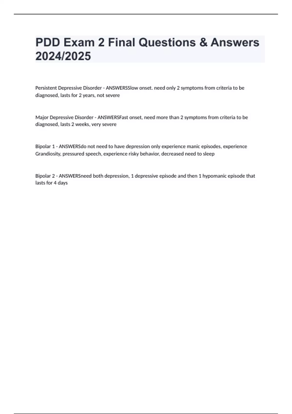 PDD Exam 2 Final Questions & Answers 2024/2025 - PDD - Stuvia US