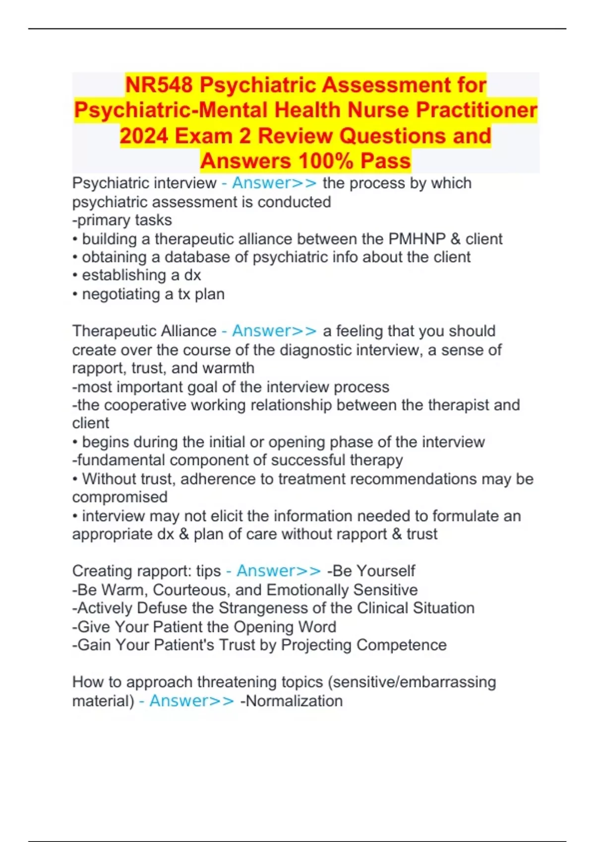 NR548 Psychiatric Assessment for Psychiatric-Mental Health Nurse ...
