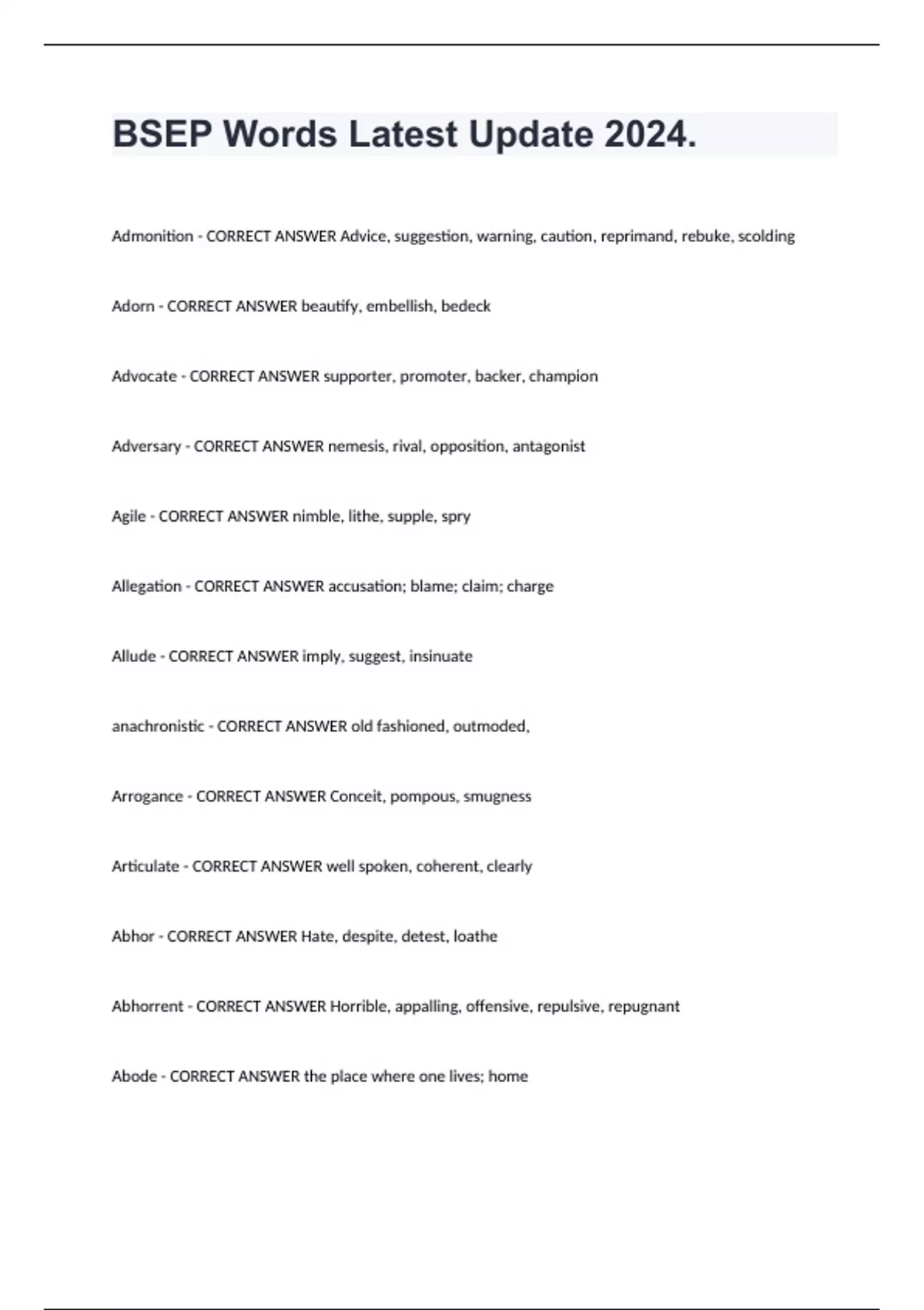 BSEP Words Latest Update 2024. - BSEP - Stuvia US