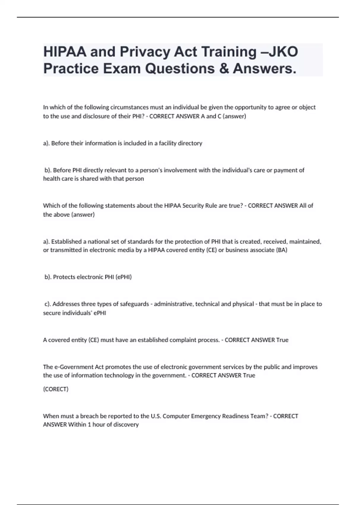 HIPAA and Privacy Act Training –JKO Practice Exam Questions & Answers. - Jko - Stuvia US
