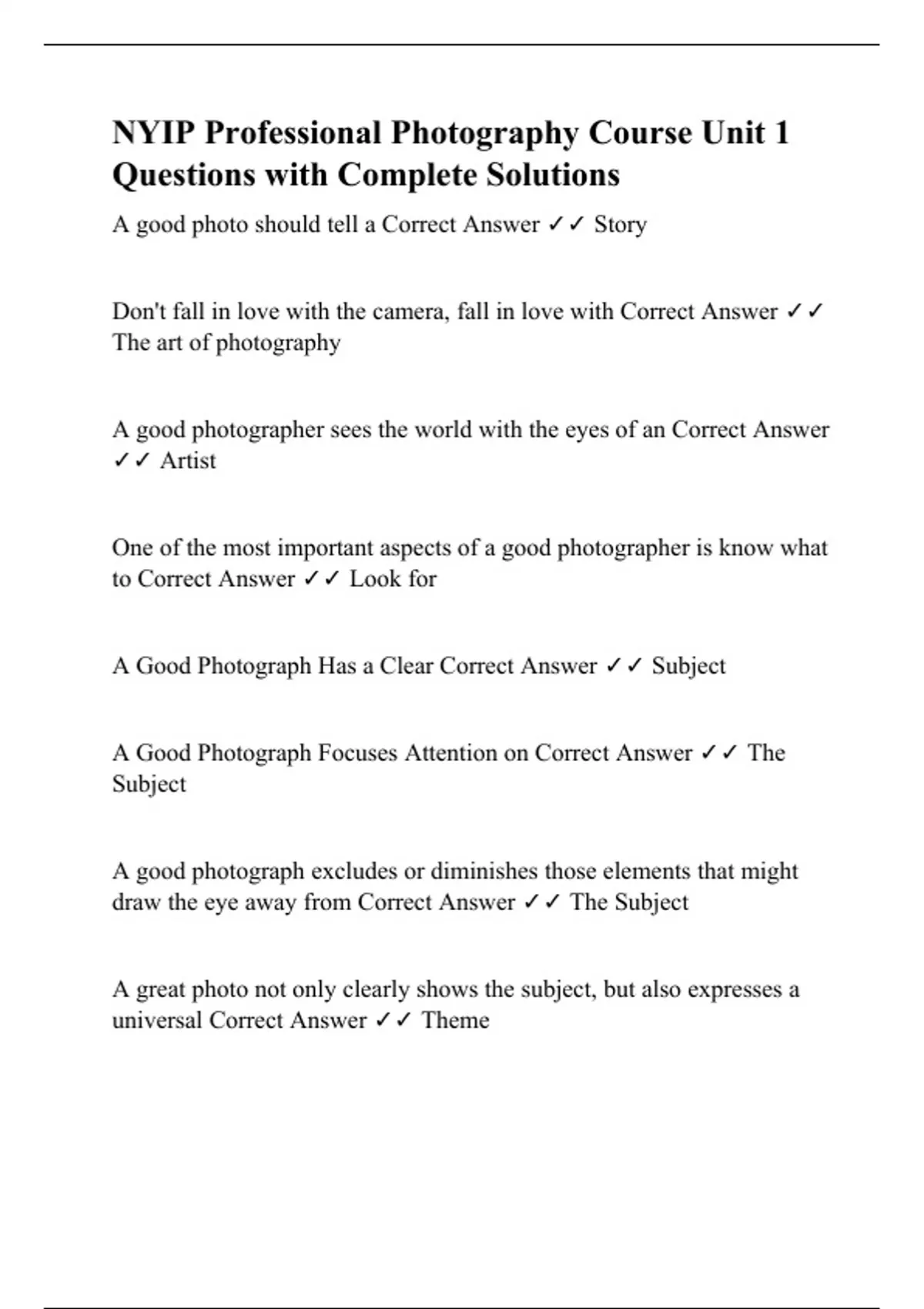 NYIP Professional Photography Course Unit 1 Questions with Complete ...