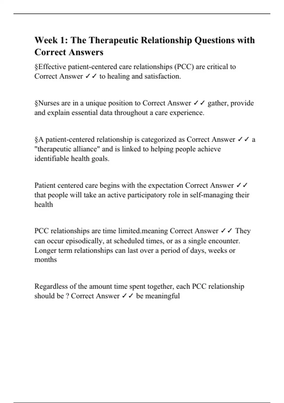 Week 1: The Therapeutic Relationship Questions with Correct Answers ...