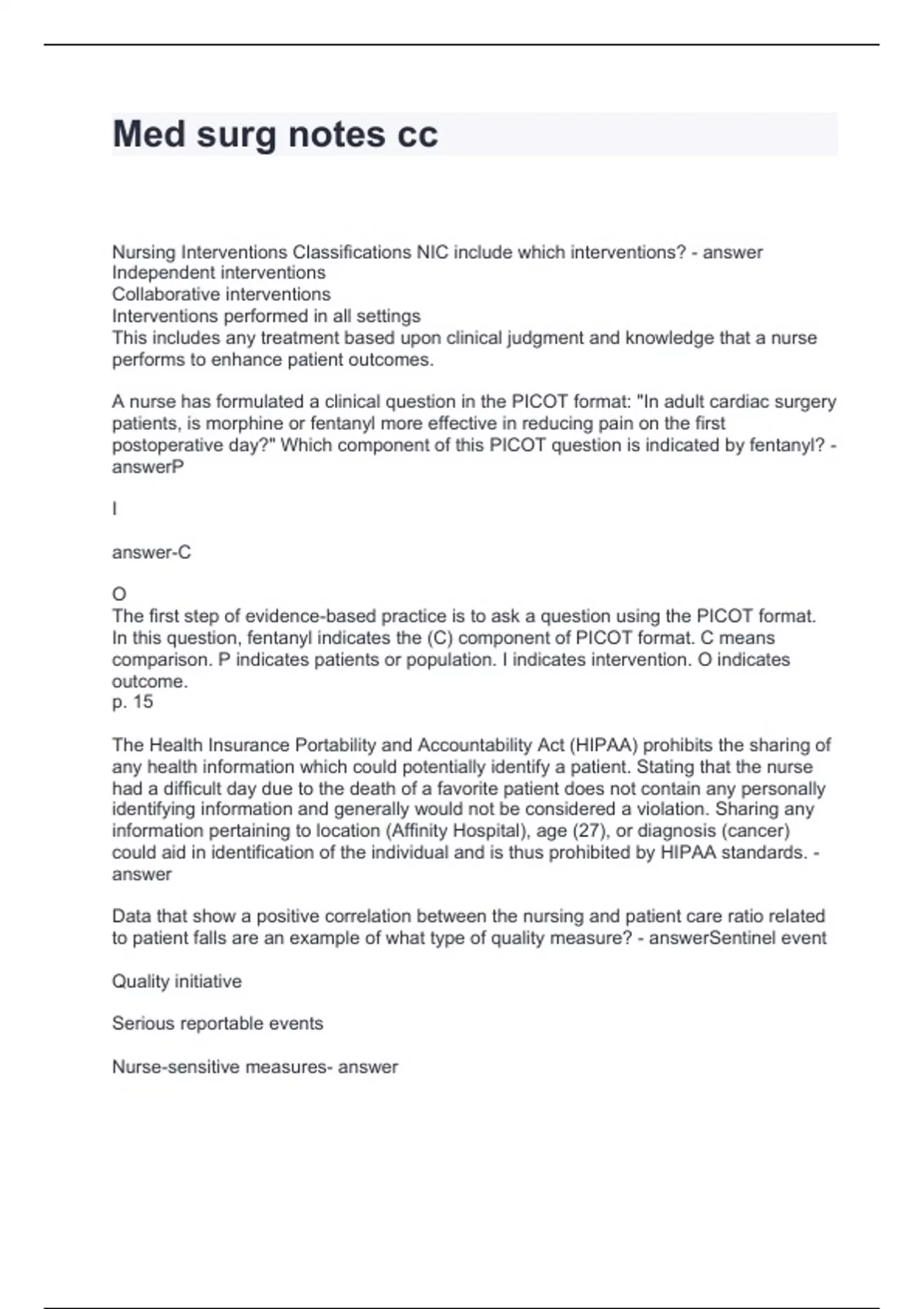 Med surg notes cc questions and Answers 2024 - PICOT - Stuvia US